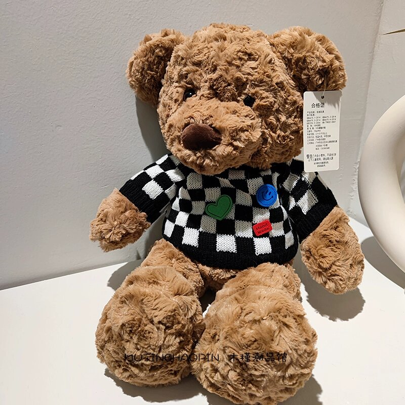 Новый свитер в шахматном порядке, кукла плюшевого мишки, кукла-медвежонок, плюшевая игрушка на День святого Валентина,