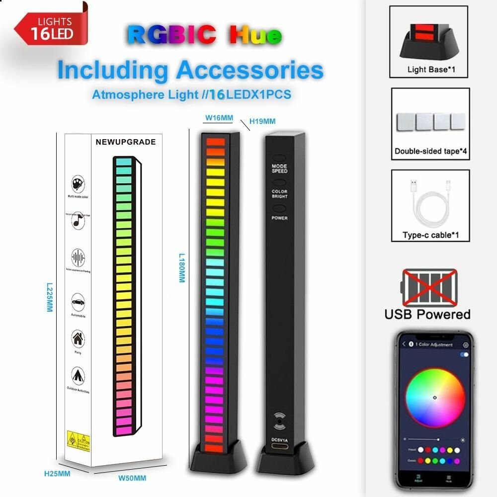 Интеллектуальная панель освещения 16 светодиодный с управлением звуком, RGB подсветка, Умное управлени с голосовой активацией, атмосфера, ночник, настольное украшение
