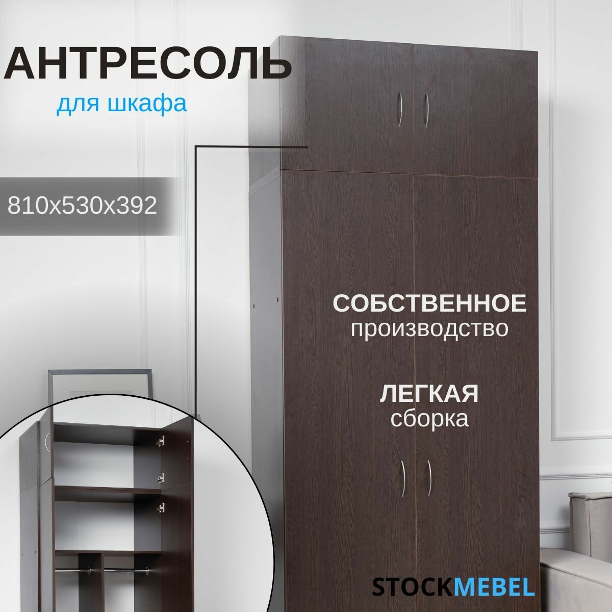 Антресоль для шкафа распашного для одежды, Венге 81х53х40