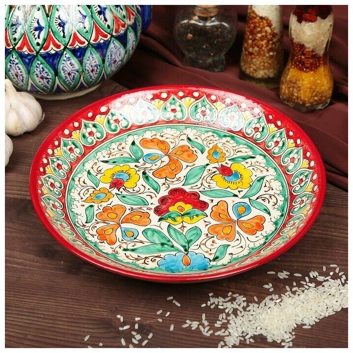 Ляган круглый, 24,5 см, турецкий узор, блюдо из керамики, узбекская посуда, тарелки для сервировки