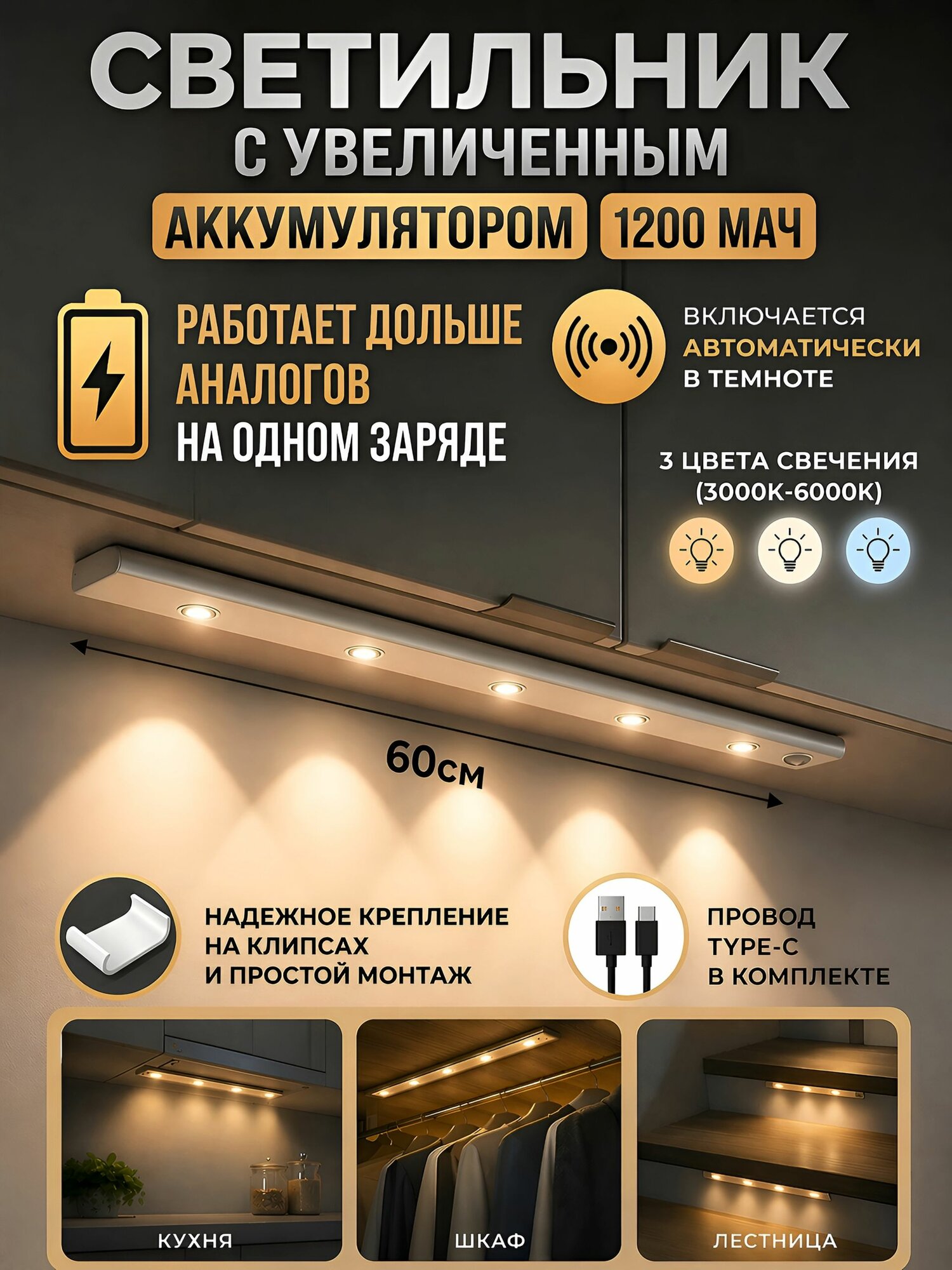 Подсветка с датчиком движения беспроводная, светильник LED аккумуляторный USB для кухни, шкафа, лестницы, прихожей, коридора, гардероба, ночник без сверления