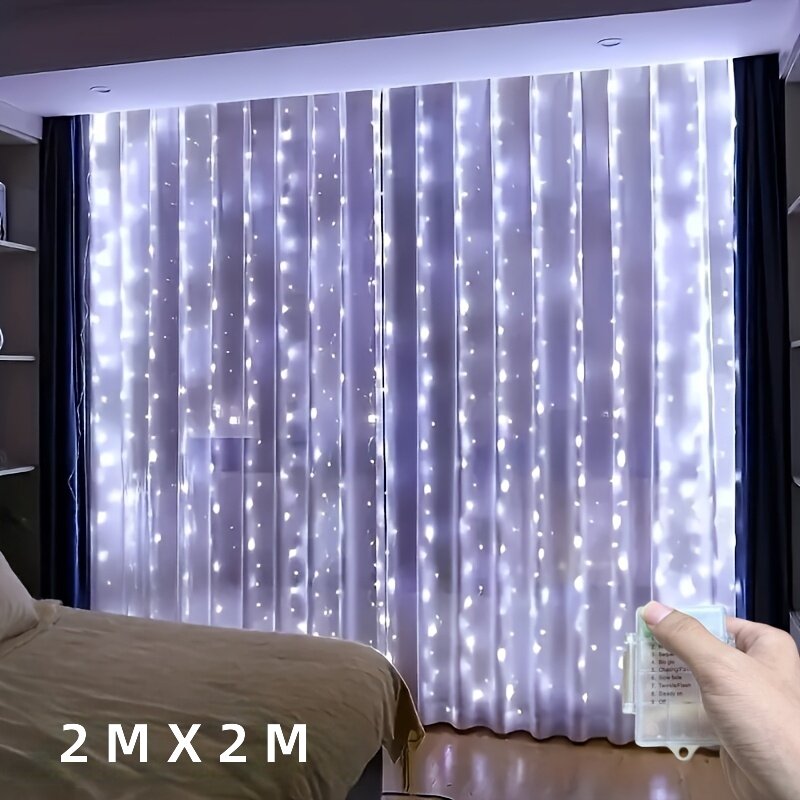 Гирлянда-штора светодиодная на батарейках 200 LED, белый свет, длина 2 м, 8 режимов, управление кнопкой, декор для дома и улицы, без батареек в комплекте