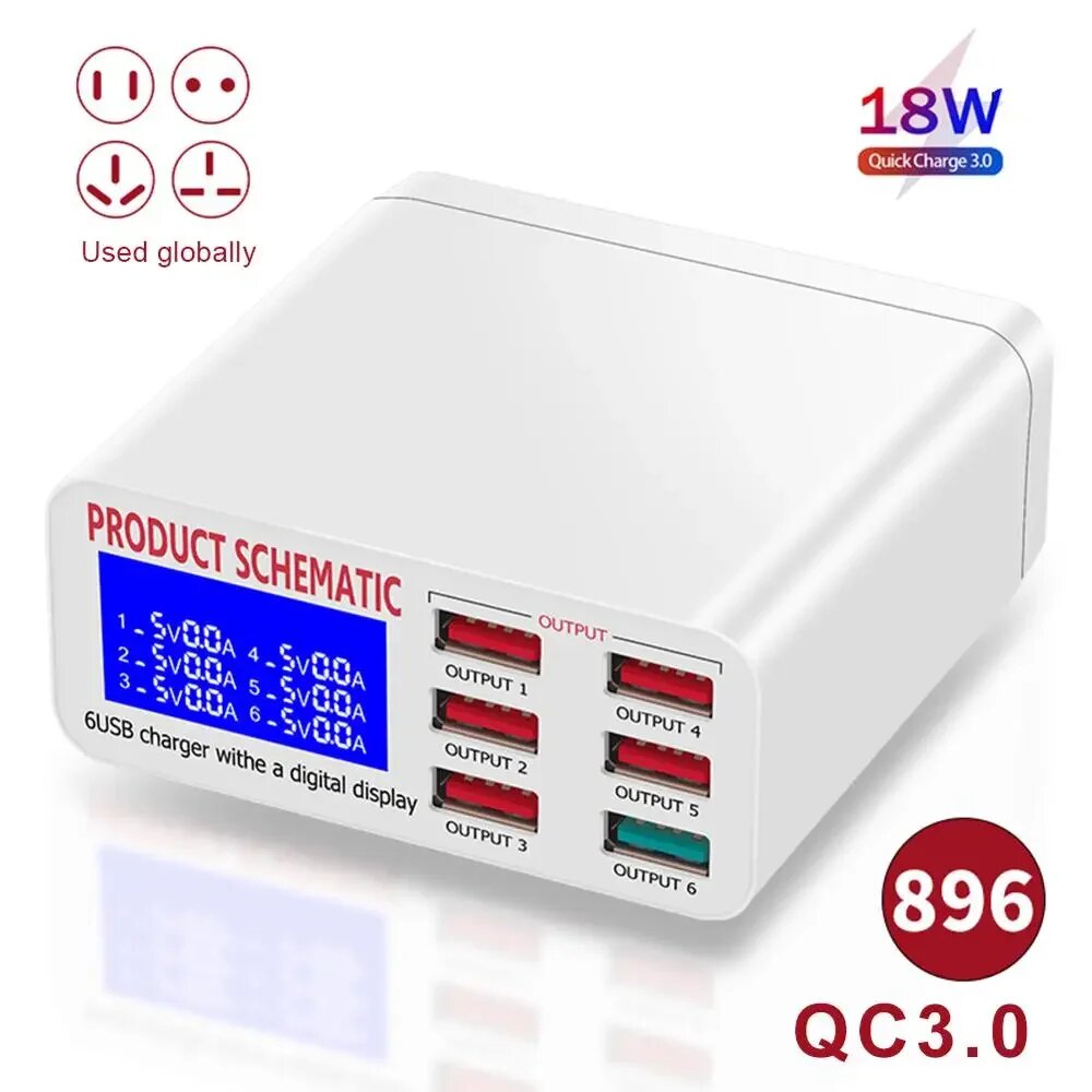 8A QC3.0 USB-зарядное устройство с ЖК-дисплеем, 6 портов, настольное зарядное устройство для мобильного телефона, умная быстрая зарядка для смартфонов, планшетных ПК