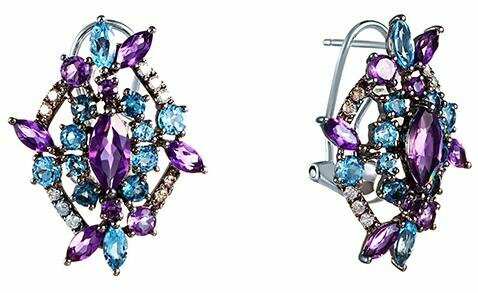 Серьги, белое золото, 585 проба, аметист, топаз, бриллиант