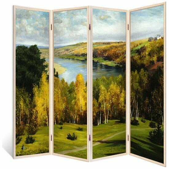 Ширма перегородка Декор Депо для комнаты деревянная "Золотая осень" двухсторонняя с картинкой (живопись) 4 створки кремовый дуб 176х185 см 14 кг
