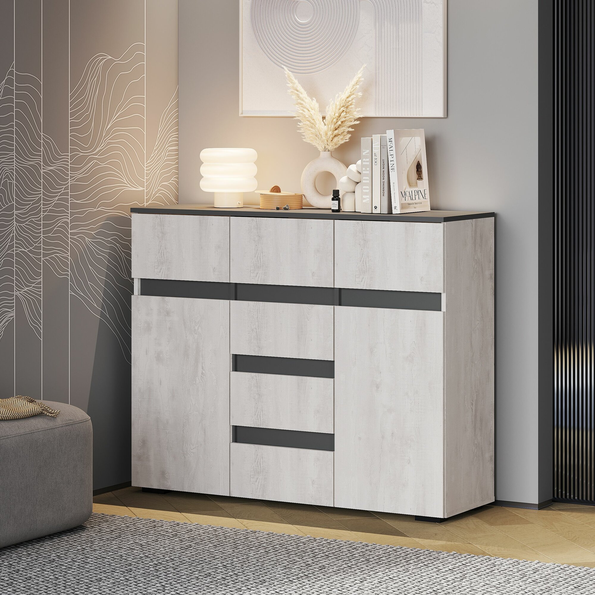 Комод Мебелони "Мрия", ЛДСП, современный стиль, с ящиками, белый/серый, 120х98х38 см