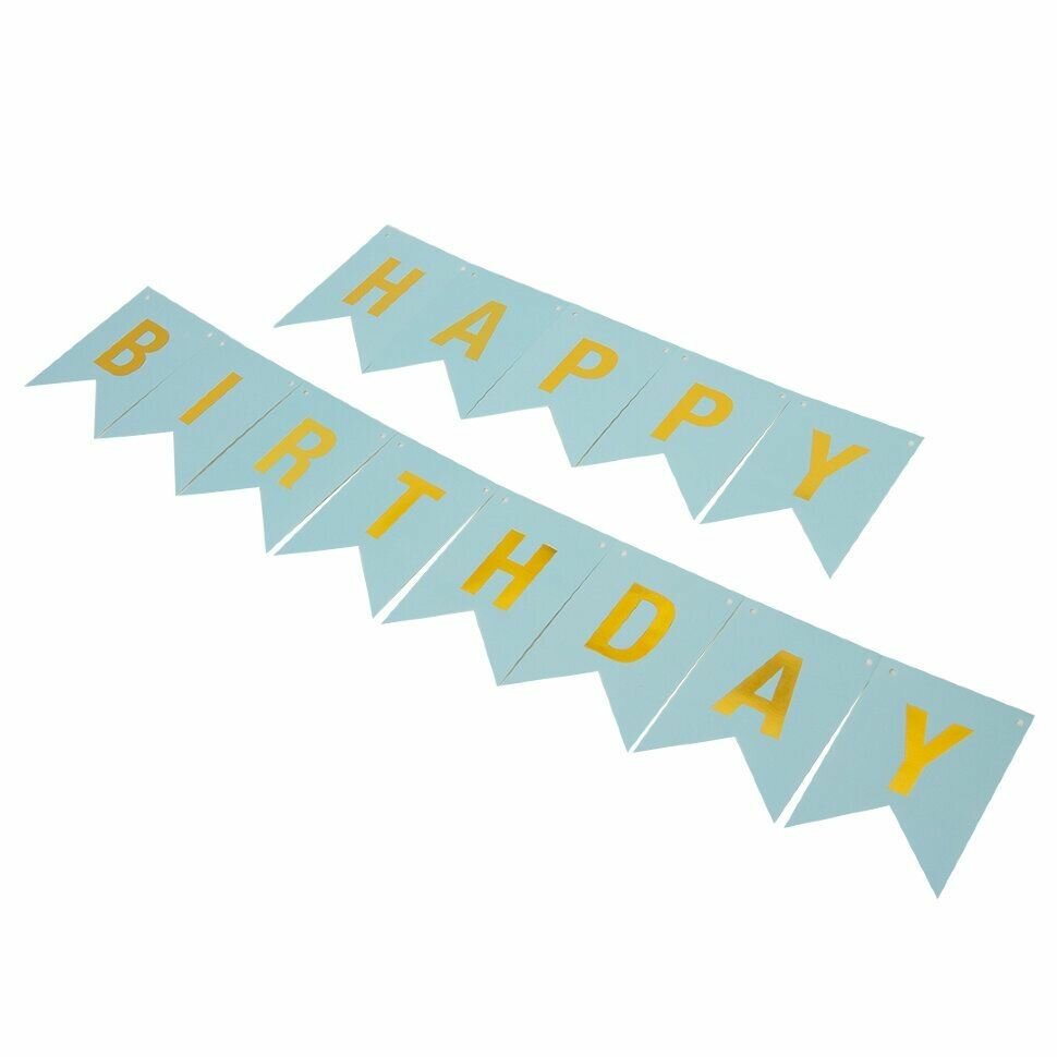 Гирлянда Флажки, Happy Birthday, Голубой/Золото, Металлик, 500 см, 16*12 см, 1 упак.