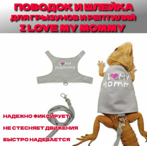 Регулируемый мягкий поводок шлейка "I LOVE MY MOMMY" для грызунов крыс рептилий ящериц AdeniHouse