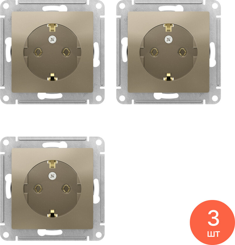 Розетка силовая штепсельная Systeme Electric / Систем Электрик AtlasDesign, 16А 250В IP20 шампань, с заземляющим контактом ATN000543 / электрооборудование (комплект из 3 шт)