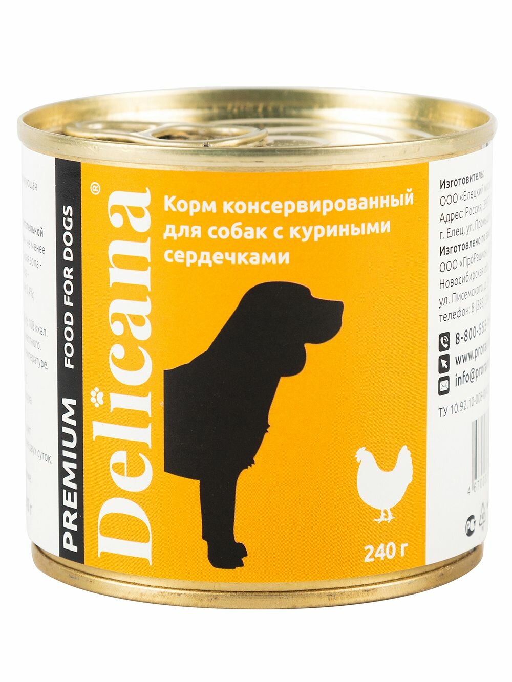 Корм влажный Delicana (Деликана) консервы для собак, с куриными сердечками 240 гр, 12шт