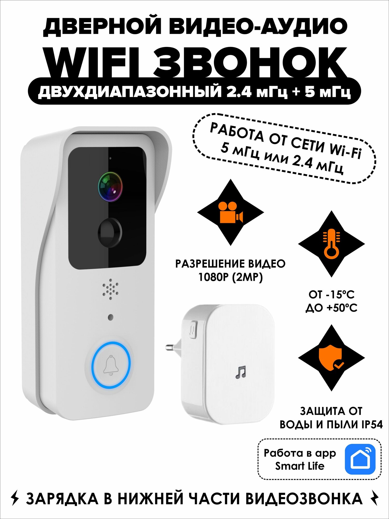 Домофон беспроводной видео звонок Dual 5 мГц и 2.4 мГц-ZHIMIN