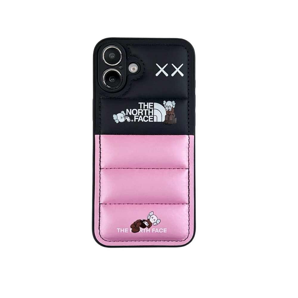 Чехол для iPhone 16 Plus черный / розовый силиконовый дутый пуховик North Face