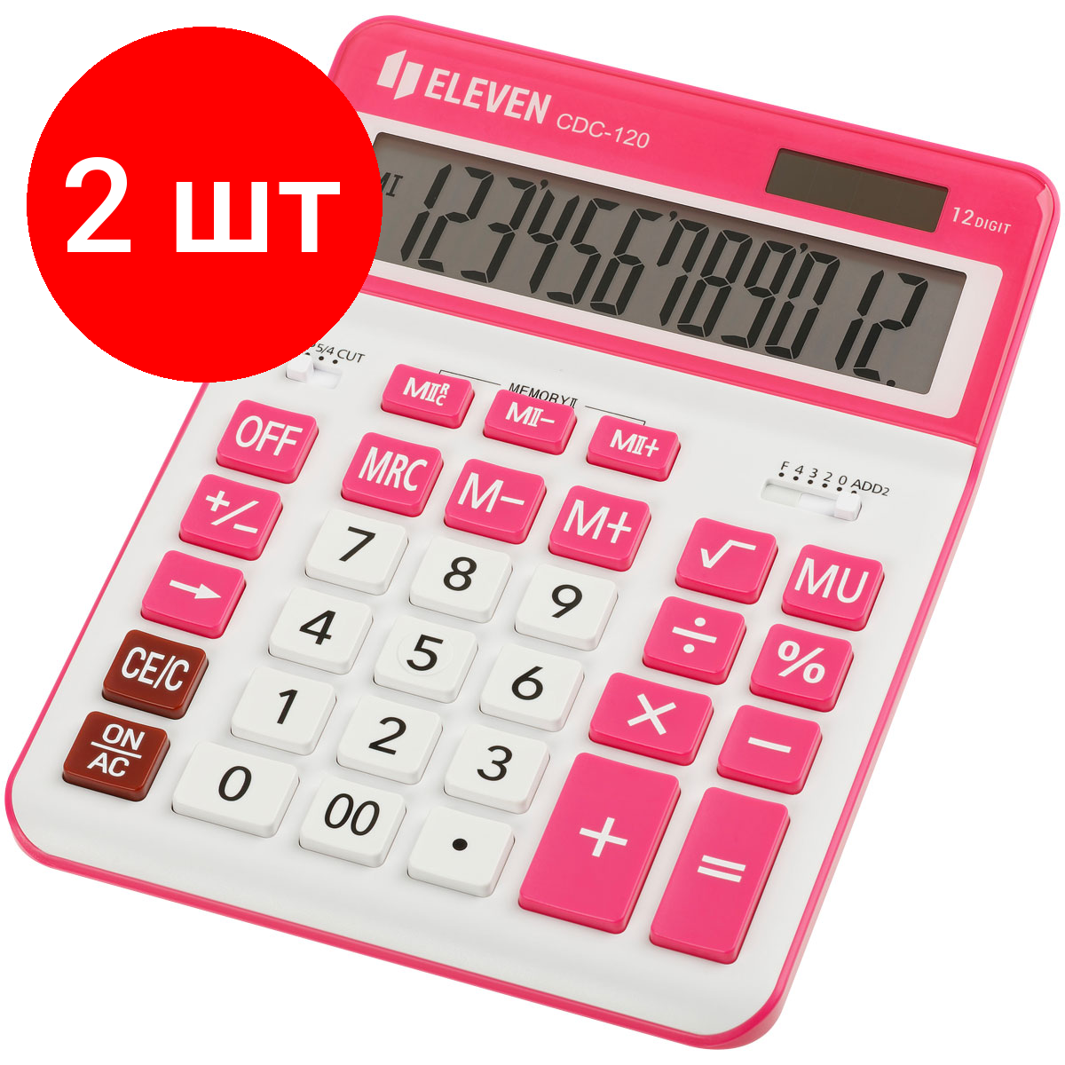 Комплект 2 шт, Калькулятор настольный Eleven CDC-120-WH/RD, 12 разрядов, двойное питание, 155*206*38мм, белый/красный