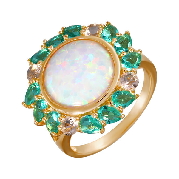 Кольцо, серебро, 925 проба, золочение, родирование, циркон, опал синтетический