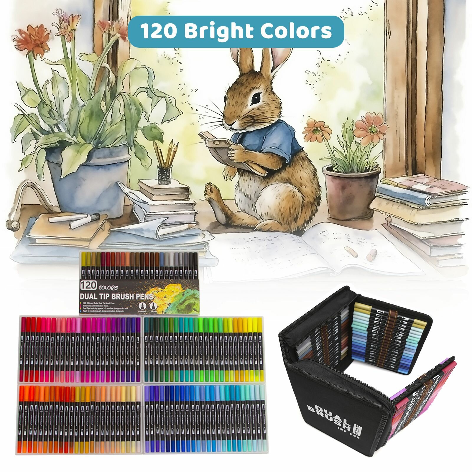 Набор маркеров Art Markers Dual Tip Brush Pens с кистью и тонким наконечником, 120 цветных ручек, 0,5 миллиметр тонкий наконечник, 1-2 миллиметра