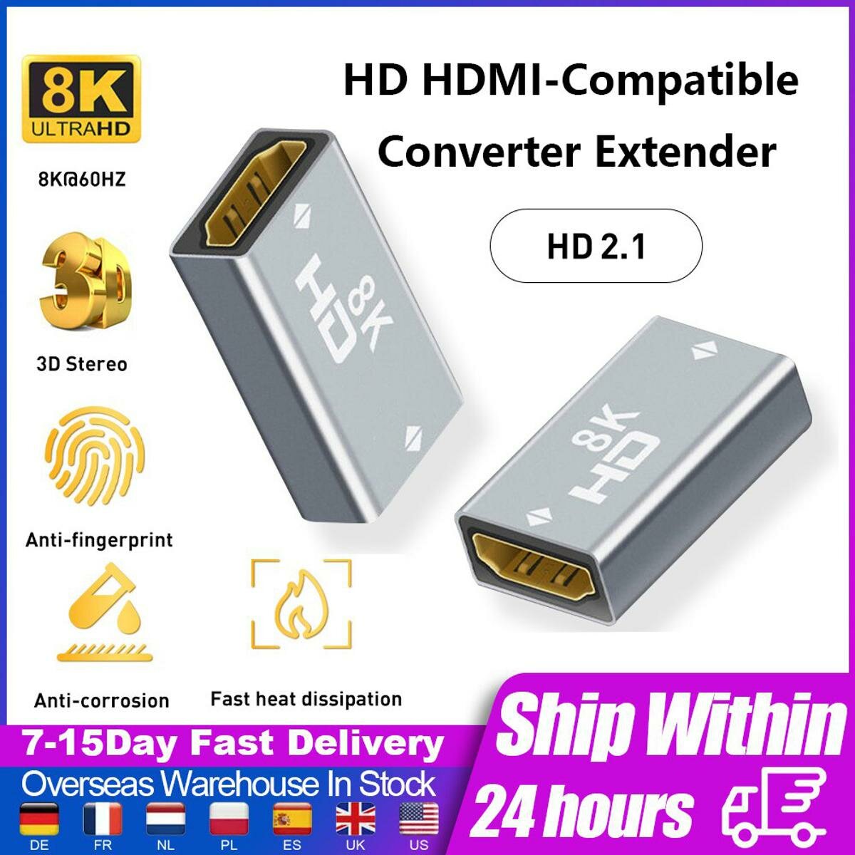 Конвертер-удлинитель HDMI-совместимый кабельный удлинитель адаптер 8K@60Hz HDMI-совместимый разъем «мама-мама» для ПК ТВ