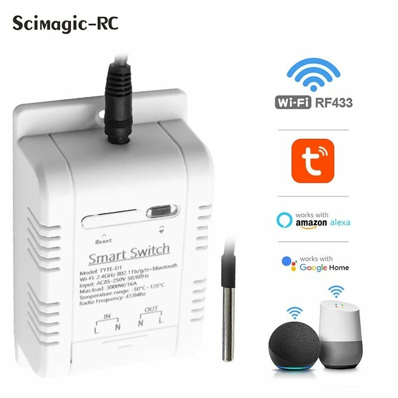Tuya Умный WiFi+RF433 AC 85-250V 16A реле датчиком температуры