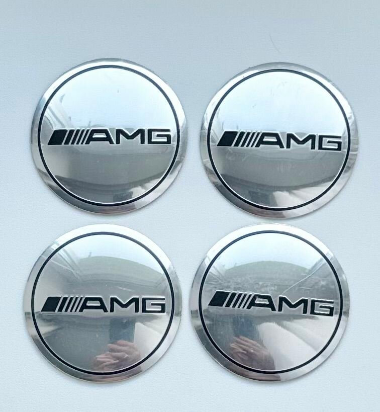 Наклейки AMG на диски и колпаки D 60 mm, 4 шт, серебристые, алюминиевые