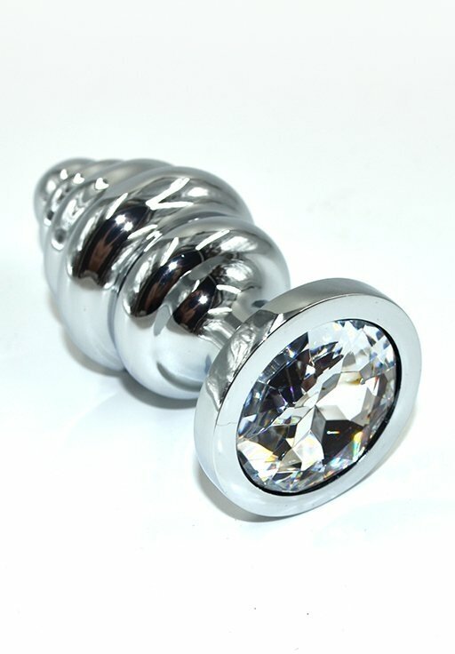 Ребристая анальная пробка с серебряным кристаллом, размер M