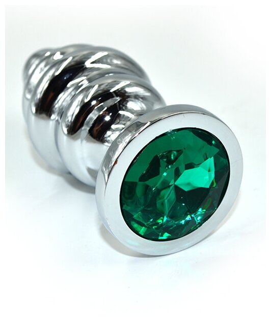 Серебряная ребристая анальная пробка темно-зеленым кристаллом (Medium)