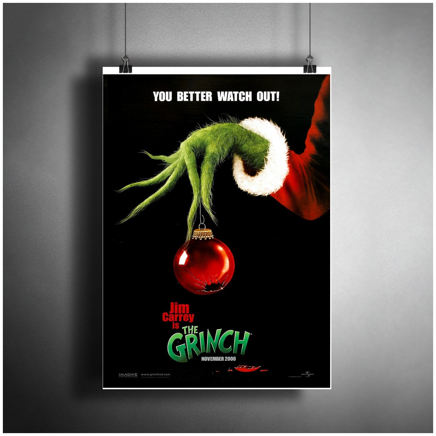Постер плакат для интерьера "Новогодний фильм: Гринч - похититель Рождества. Джим Керри. The Grinch"/ Декор дома, офиса, комнаты A3 (297 x 420 мм)