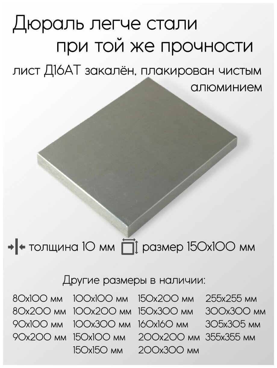 Алюминий дюраль Д16АТ лист толщина 10 мм 10x150x100 мм