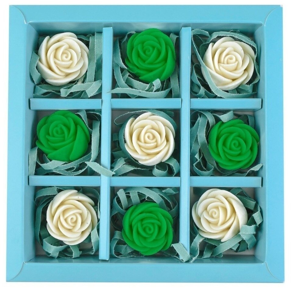 Шоколадные розочки 9 шт. последний звонок CHOCO SFERA в Голубой мини-упаковке: Белый и Зеленый бутон из Белого шоколада, 108 гр. M9-G-BZ