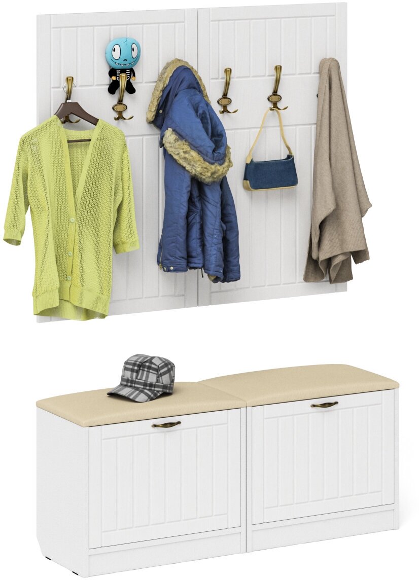 Две обувницы с мягким сиденьем с двумя вешалками для одежды П-6, белая/МДФ белое дерево фрезеровка прованс, 120х35х200