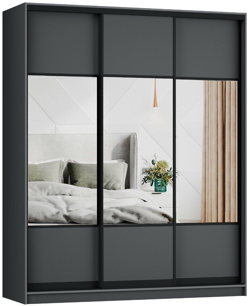 Шкаф купе Долорес 3, Легкомаркет, 160х45х240, белье/платье, графит, профиль глянец черный, с зеркалом