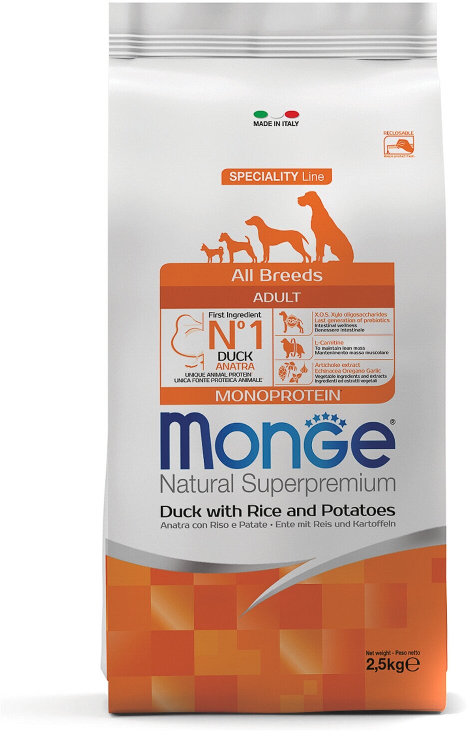 Сухой корм Monge Dog Speciality Monoprotein, для взрослых собак, гипоаллергенный, утка, 2,5 кг