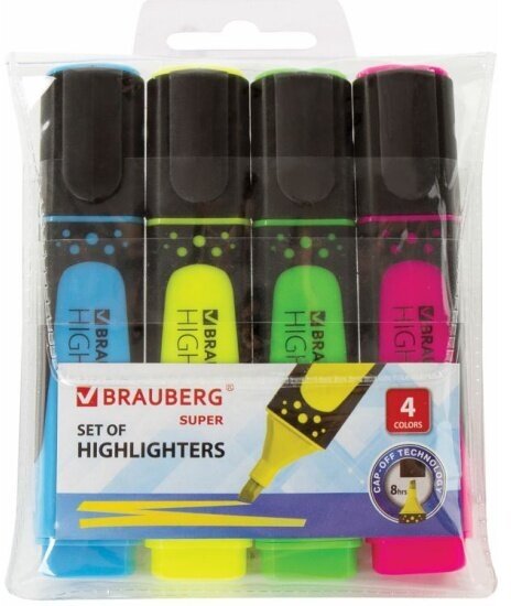 Набор текстовыделителей Brauberg 4 шт, Ассорти, "SUPER", прорезиненный корпус, линия 1-5 мм, 151746