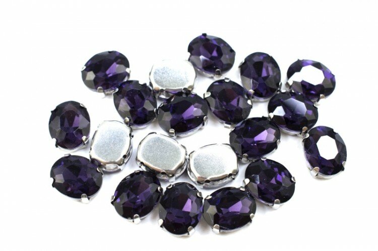 Кристалл Овал 10х8мм пришивной в оправе, цвет фиолетовый, стекло, 43-085, 2шт