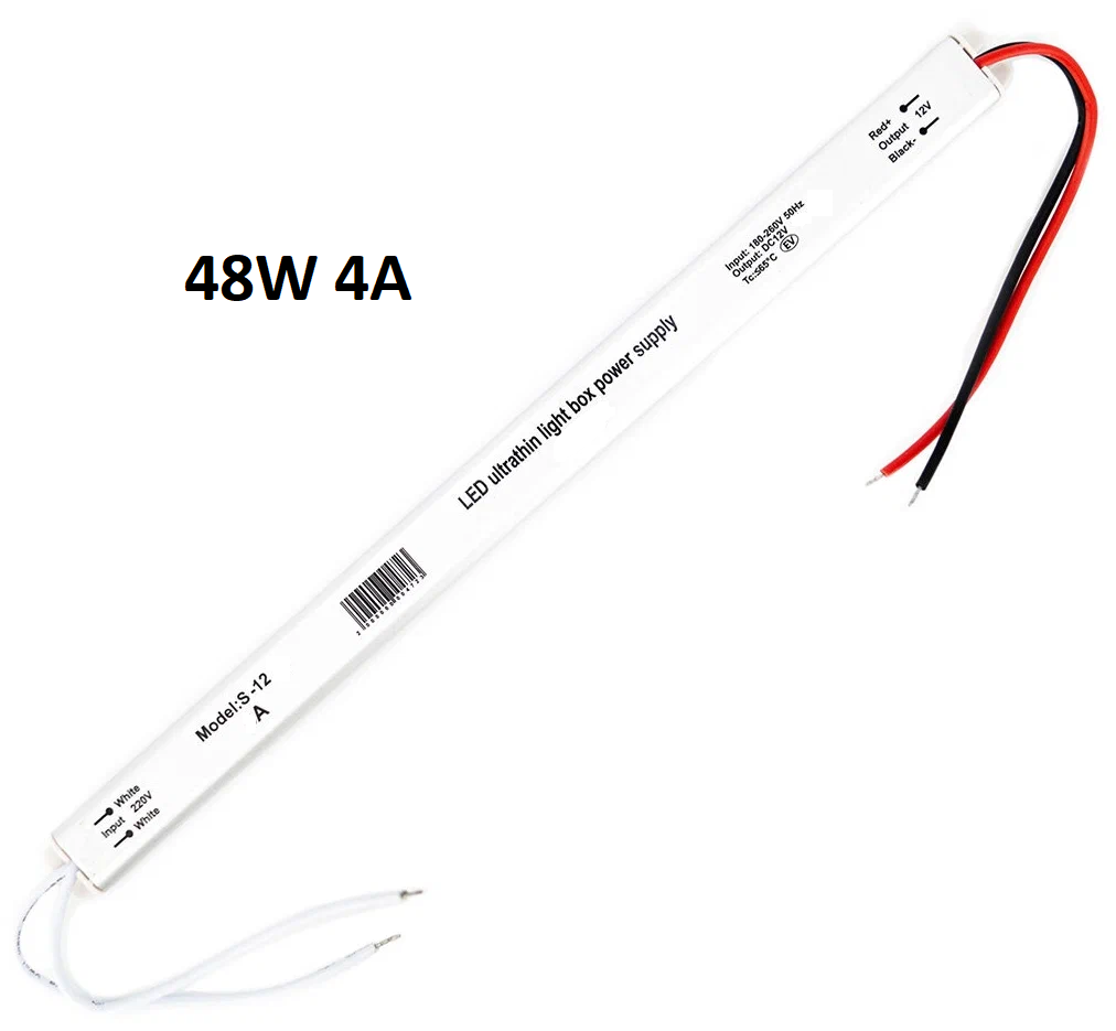 Блок питания для светодиодной ленты, трансформатор 12В 48Вт 4А тонкий IP20