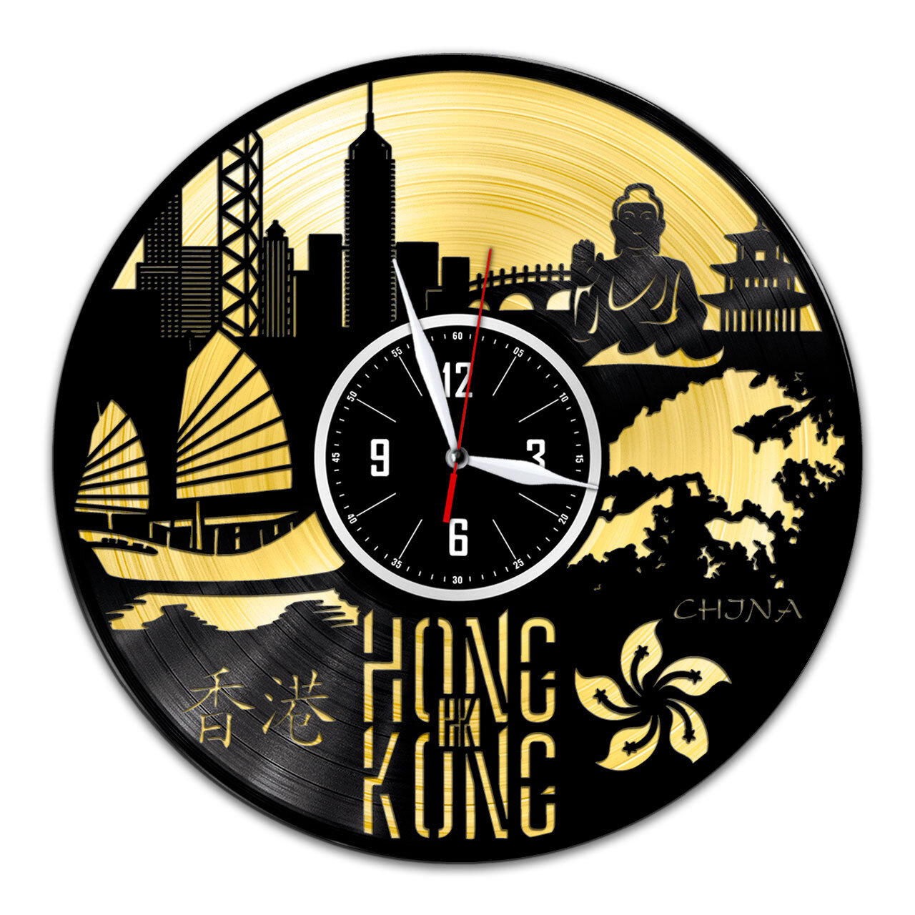 Гонконг - настенные часы из виниловой пластинки (с золотой подложкой)