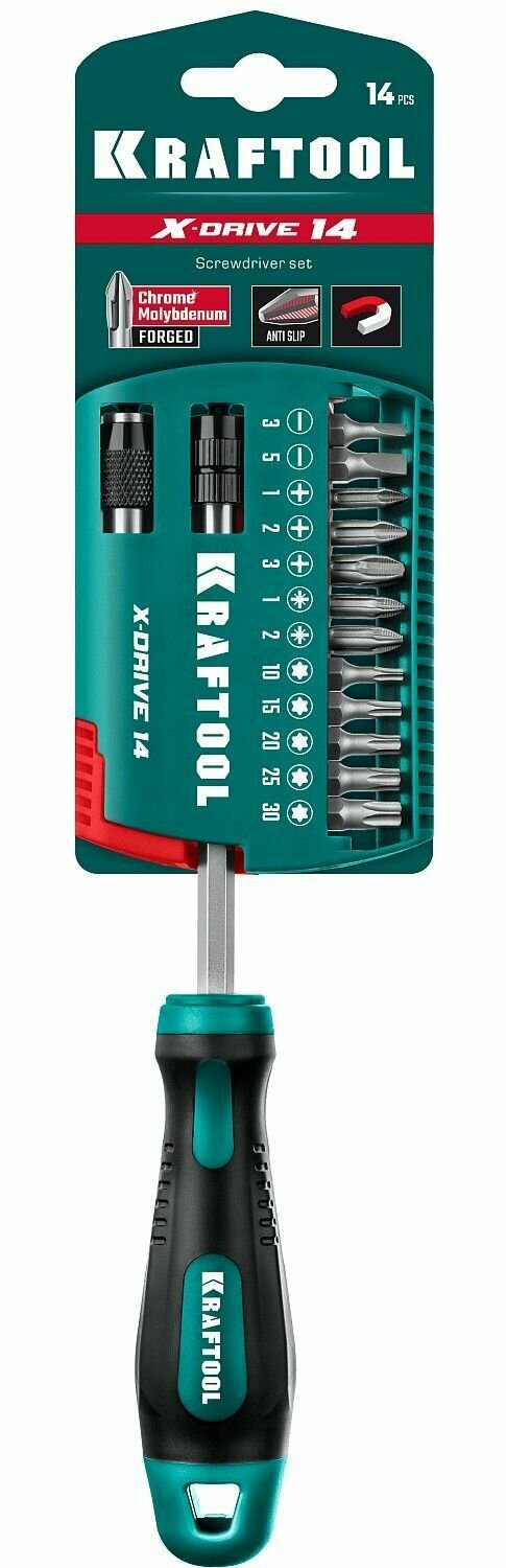 Набор: отвертка-битодержатель с насадками KRAFTOOL X-Drive-14 шт.
