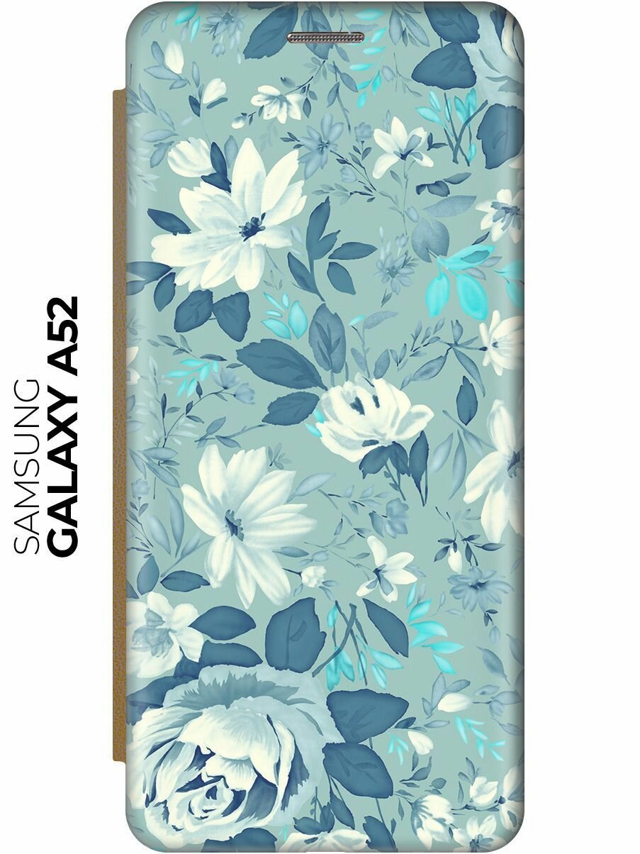 Чехол-книжка Цветы на голубом на Samsung Galaxy A52 / Самсунг А52 золотой