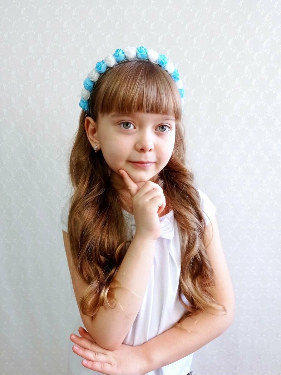 Ободок LERANA, голубой/белый, с розами, легкий и удобный, текстиль, фоамиран, пластик