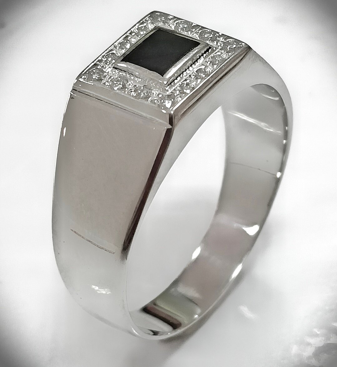 Печатка, серебро, 925 проба, родирование, оникс, фианит