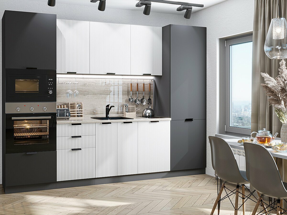Кухня Евро Лайн-01, цвет фасада Белый/Антрацит, цвет каркаса Graphite, 2140*2800*600 мм