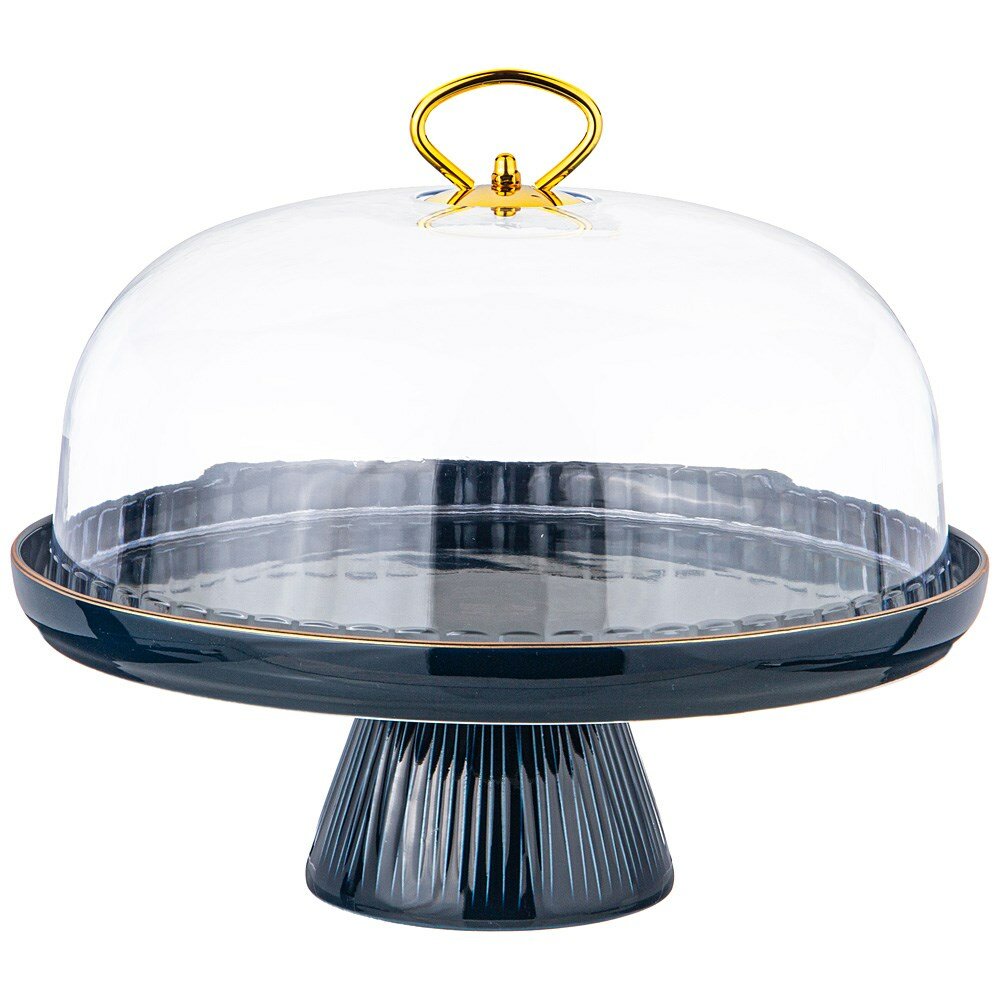 Тортовница lefard "Herbal" на ножке 28*23,5  см  с пластиковой крышкой синяя