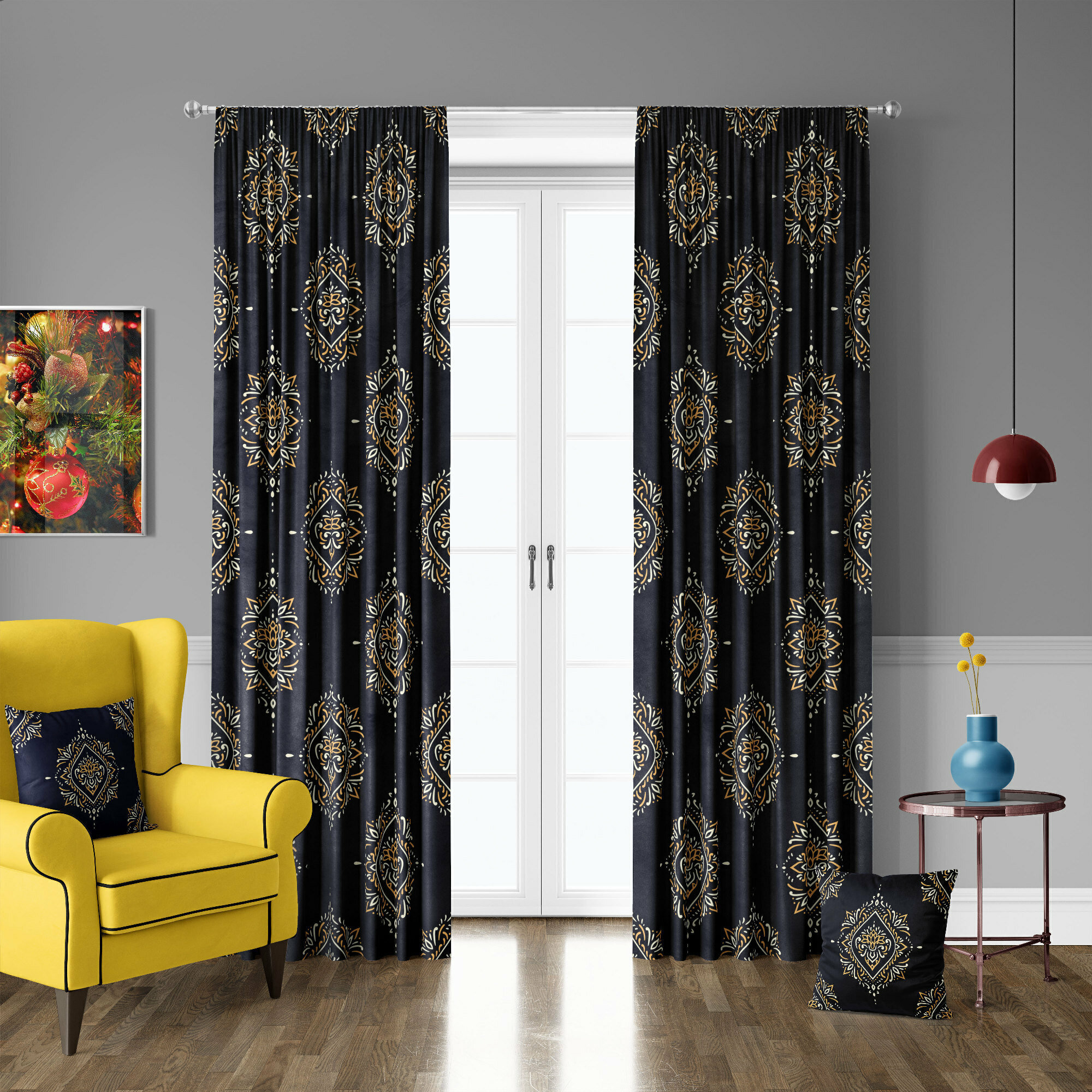 Шторы для комнаты / Новогодние шторы / Фотошторы из ткани габардин 145-260 см 2 шт. /3D шторы / Для гостиной, спальни и кухни