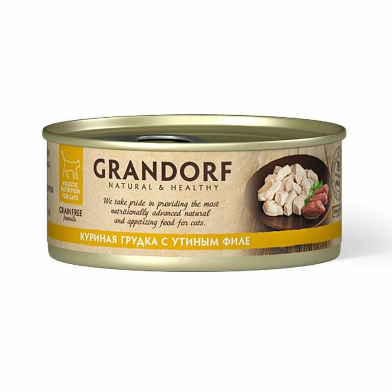 Влажный корм для кошек Grandorf Куриная грудка с утиным филе 6 шт. х 70 г (мини-филе)