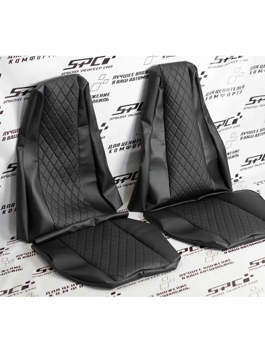 Модельные авточехлы на ВАЗ 2107, черная экокожа с черными ромбами