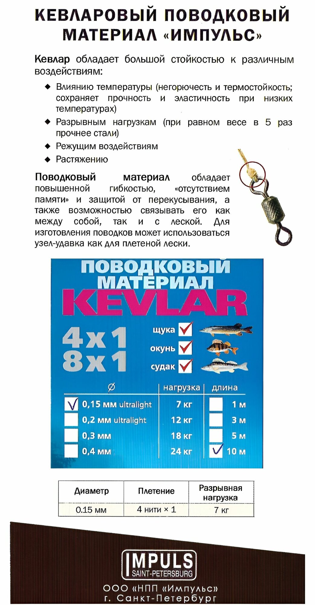 Кевларовый поводковый материал IMPULS 0,15 мм длина 10 м