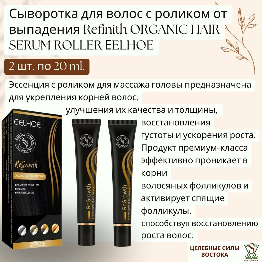 Сыворотка для волос с роликом от выпадения и для роста Refinith ORGANIC HAIR SERUM ROLLER ЕELHOE (2 по 20 мл).