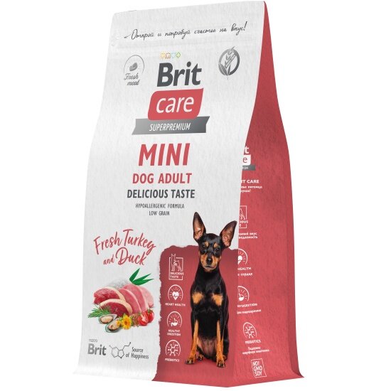 Корм сухой для взрослых собак мини пород привередливых ко вкусу Brit CARE Mini Adult Delicious Taste с индейкой и уткой 1,5 кг