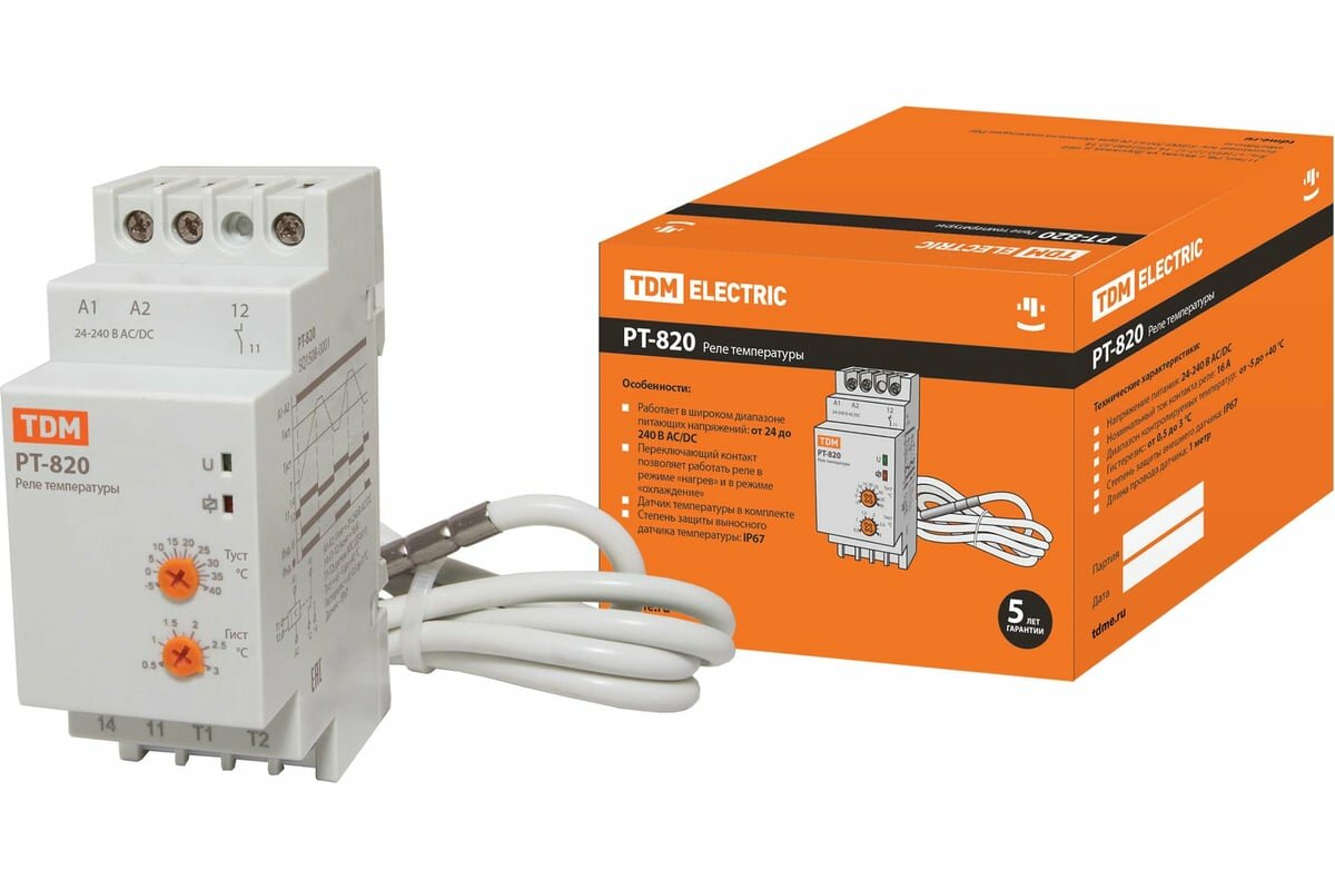TDM ELECTRIC Реле температуры РТ-820 (-5+40С, 24-240В АС/DC, с датч. IP67) SQ1508-0001