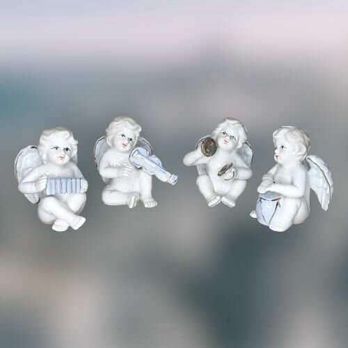Статуэтка фарфоровая Ангелочки музыканты (набор из 4-х штук), с крыльями, 8 см, фигурка интерьерная из керамики