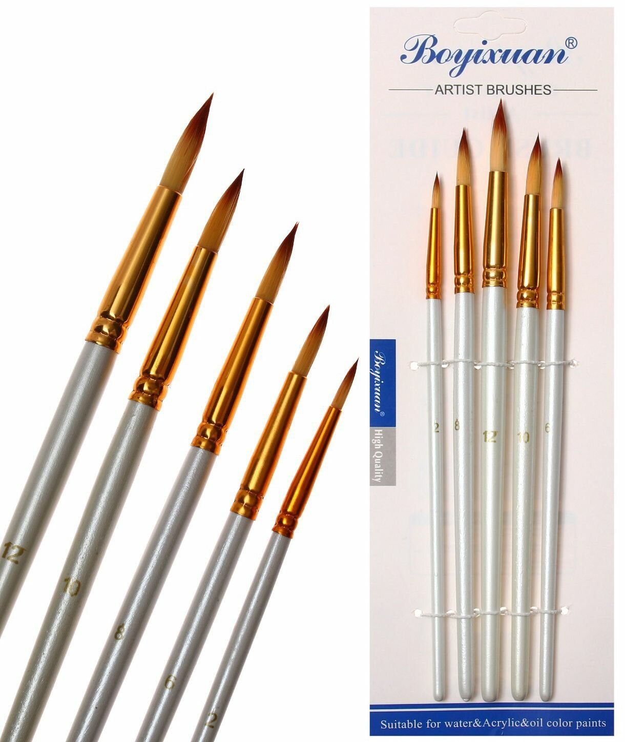 Набор кистей круглых №2,6,8,10,12 для рисования красками, кисточки из синтетического ворса с деревянными ручками, канцелярия для школы и творчества, 5 штук