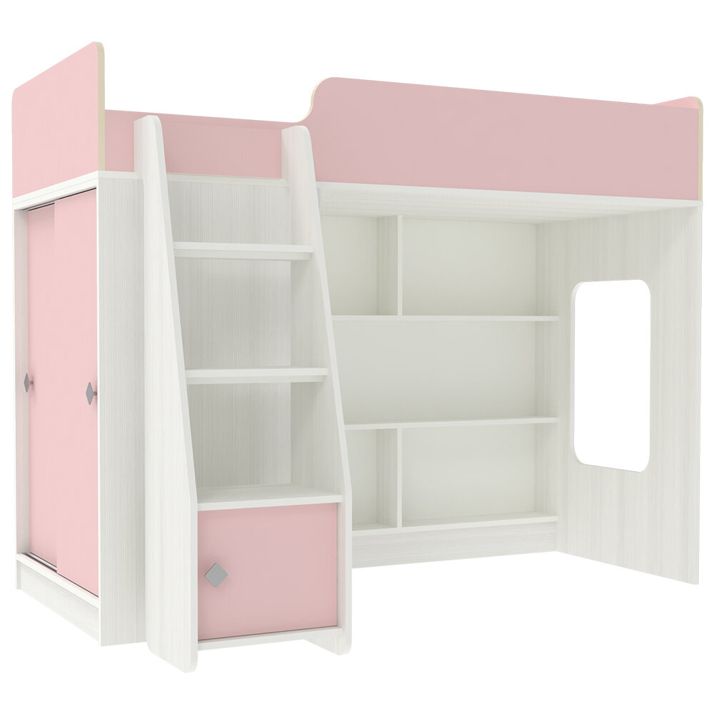Кровать чердак Л 42.5.1 со шкафом-купе Белое Дерево Розовый